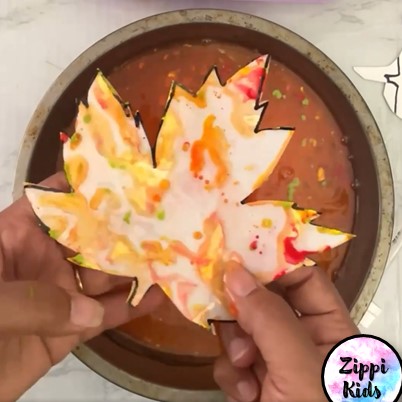 Water and Oil Marbled Fall Leaf Process Art for kids