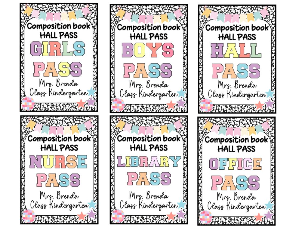 Editable Lanyard Hall Passes, Composition Notebook Patels Retro Hall ...